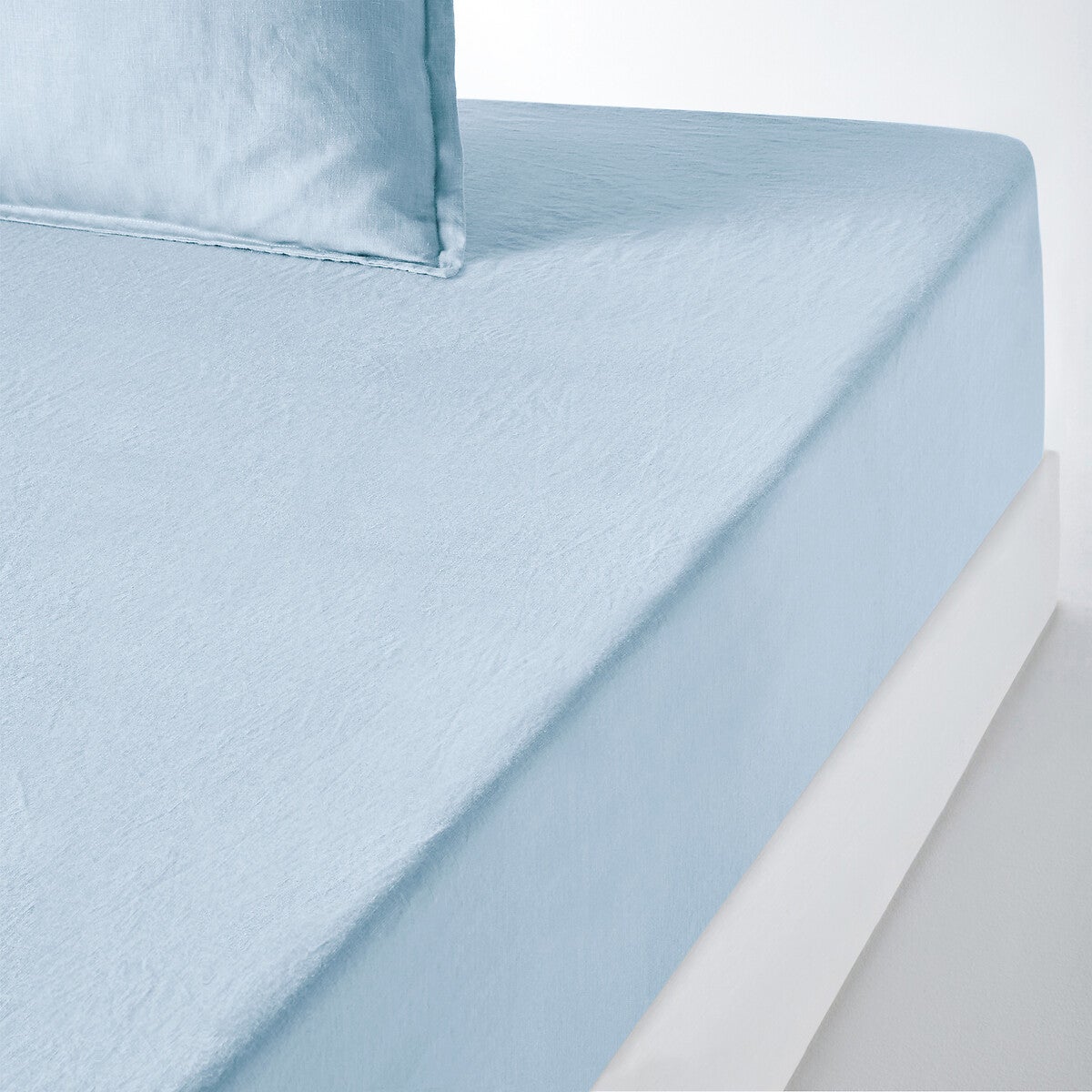 Drap housse lin lavé, bonnet 35 cm, Linot - Bleu pastel - 140 x 200 cm ...