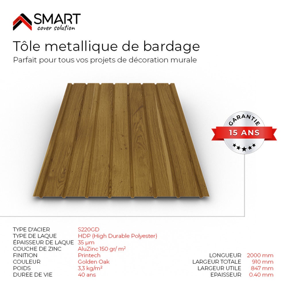 Tôle de bardage H12 Coloris Walnut Printech Dimensions 1200x910x0.40 mm ...