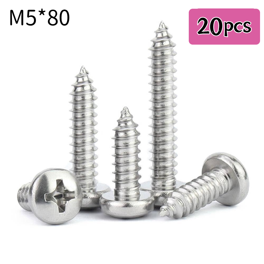 20pcs M5×80mm 304 Stainless Steel Cross Pan Head Self-Tapping Screws ...