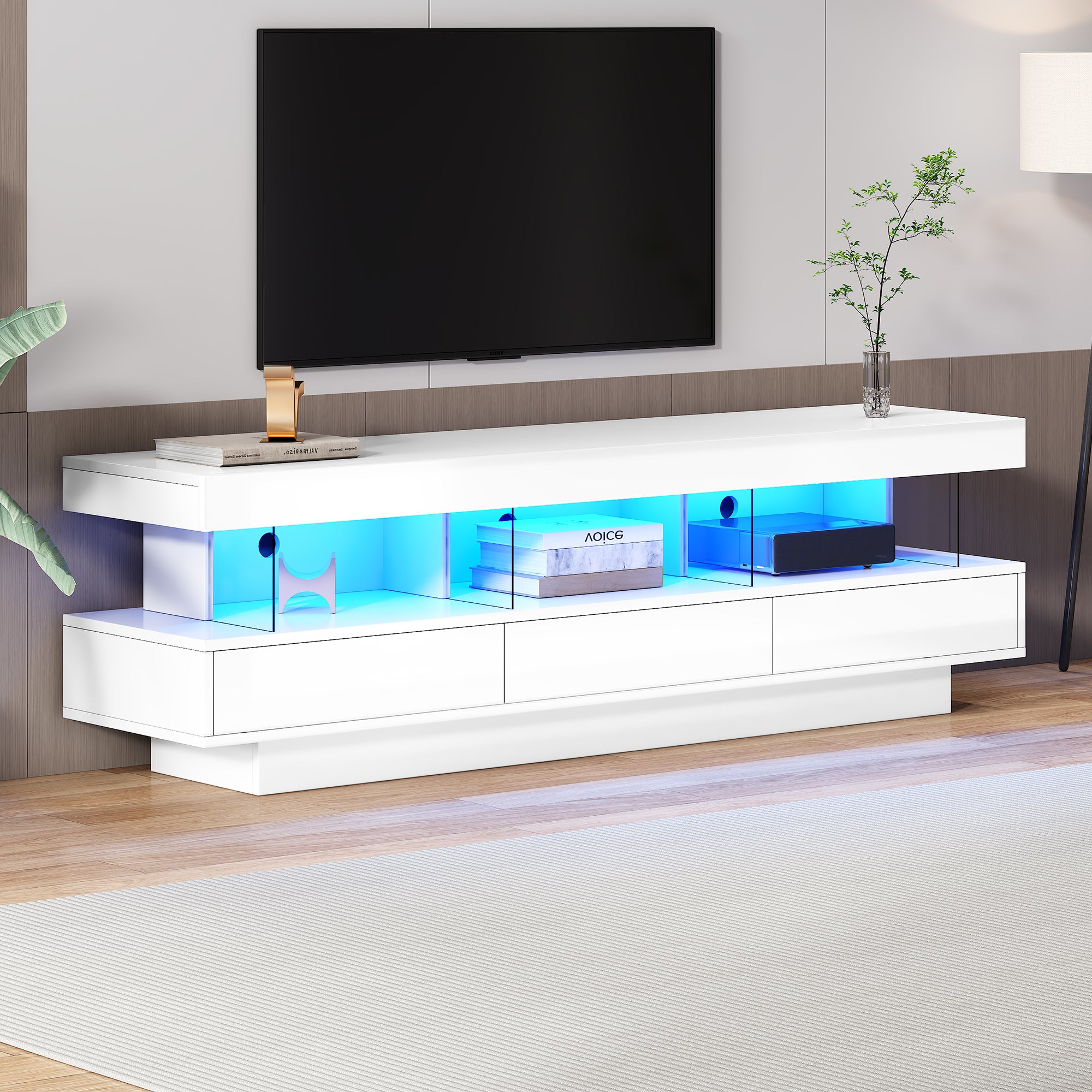 Banc TV Avec Éclairage LED Intégré, Compartiments En Verre Et Contrôle ...