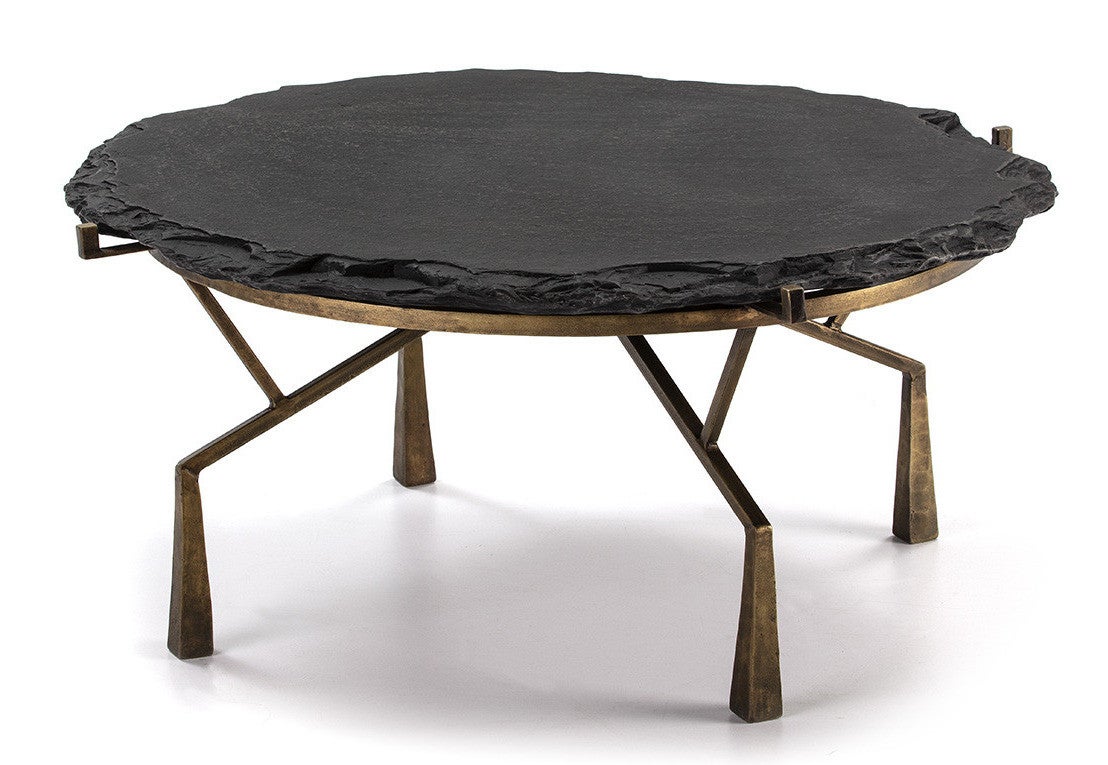 Table basse pierre noire et pieds métal doré vieilli D 95cm | Leroy Merlin