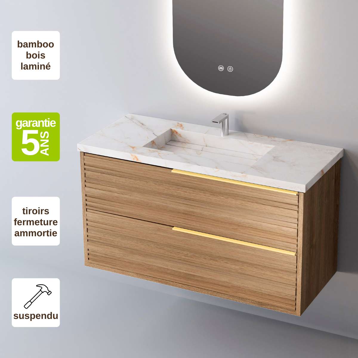 Meuble de Salle de Bain Plan Vasque Grès Cérame Blanc Storm, 2 Tiroirs ...