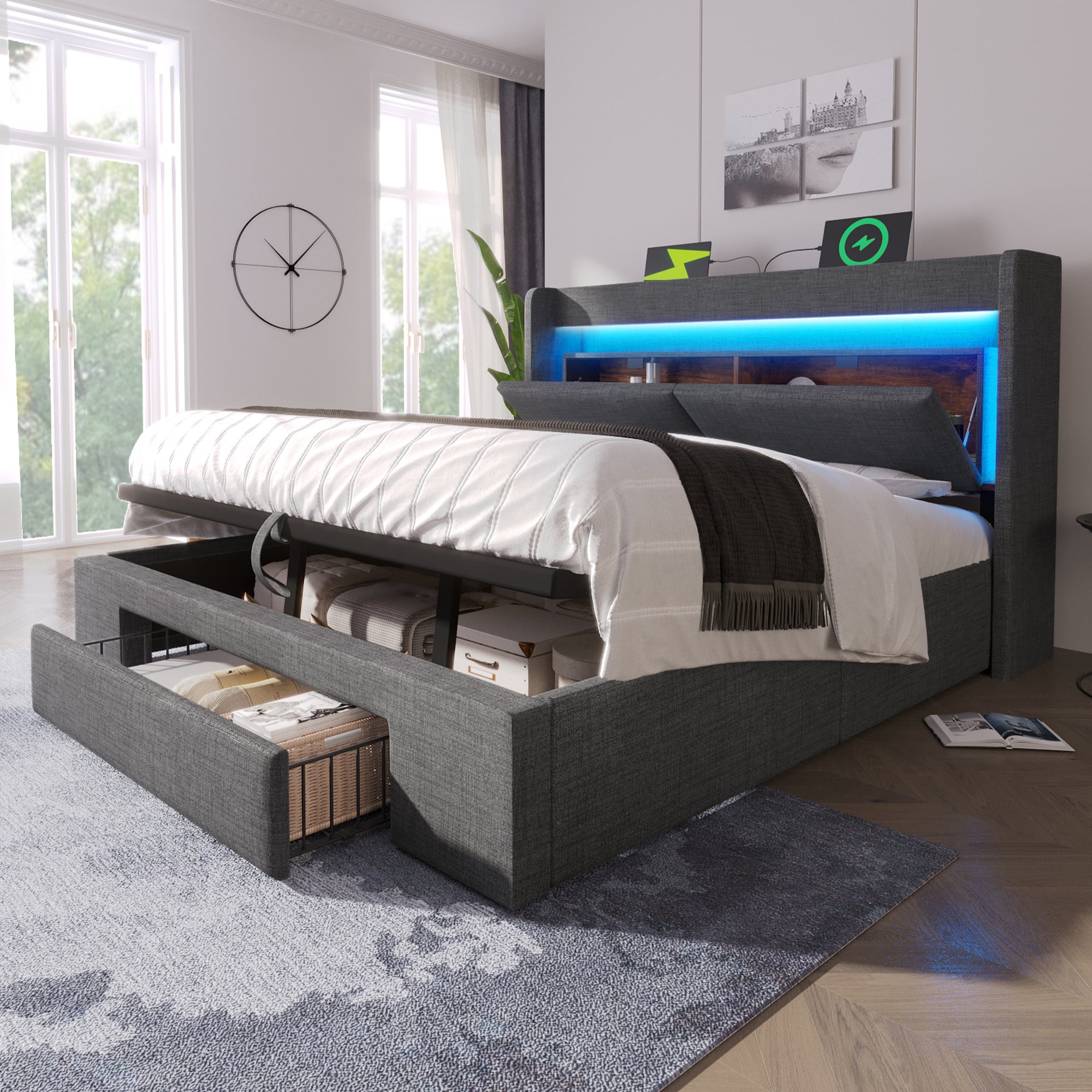Lit capitonné 140x200 avec matelas coffre de rangement hydraulique LED ...