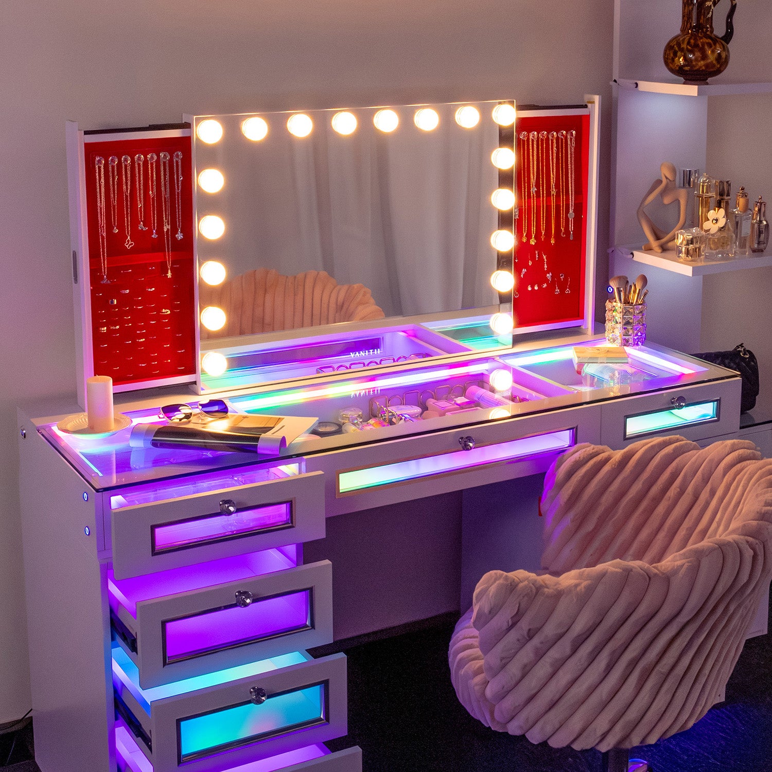 Miroir de maquillage Hollywood lumineux LED coiffeuse mural - 80 x 58 ...