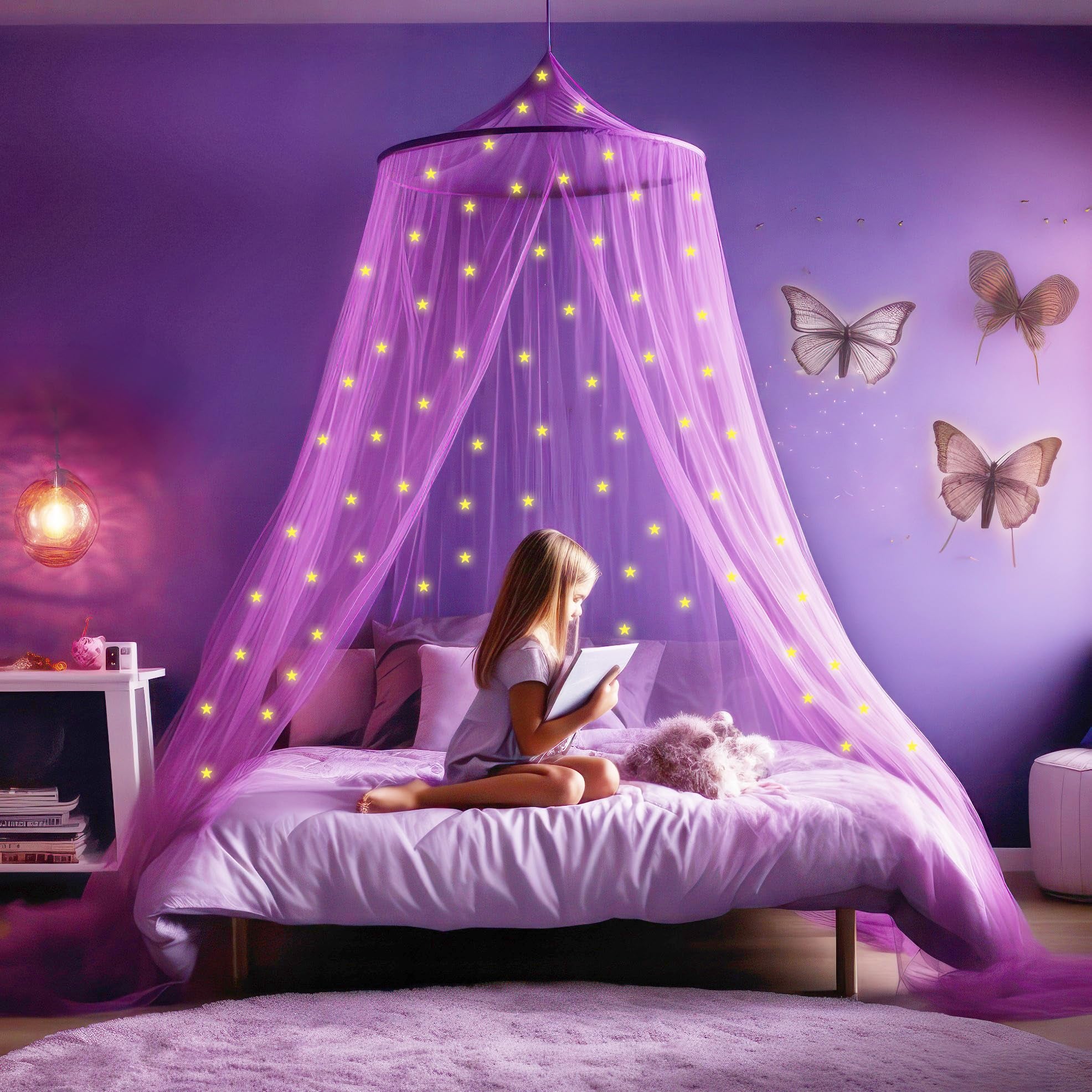Cama con dosel violeta para niñas con estrellas brillantes prepegadas ...