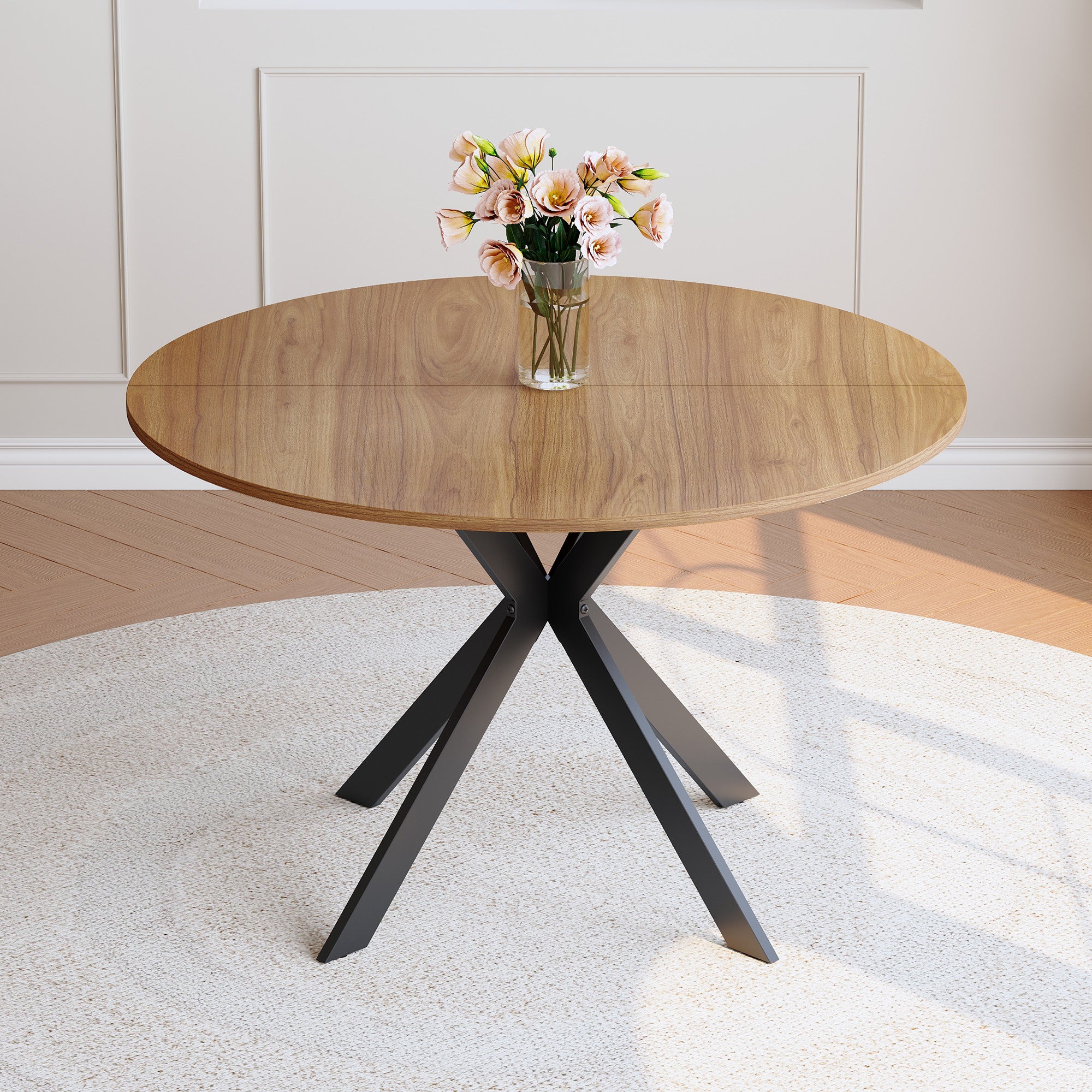 Table à Manger Ronde Ø110 cm, Plateau Décor Noyer et Piétement en X ...
