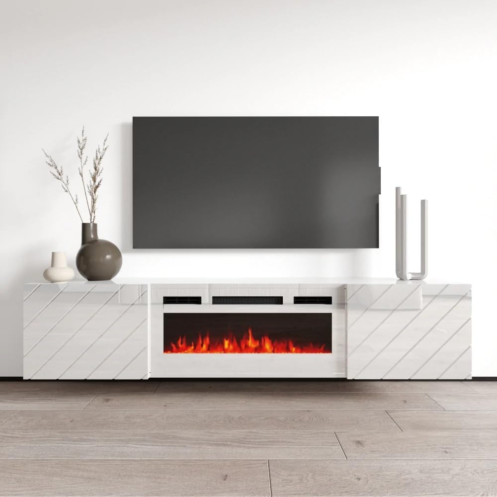 Meuble TV 183x38x35 cm blanc brillant/blanc mat ROTA avec cheminée ...
