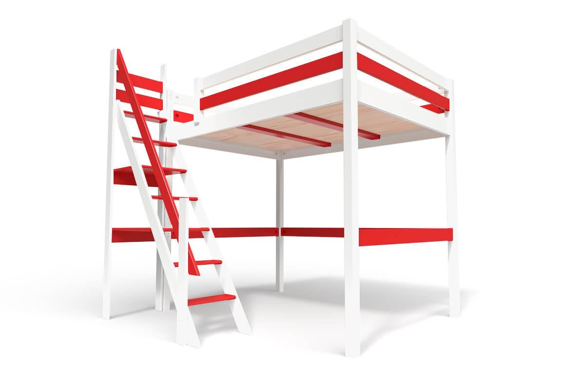 Lit mezzanine bois 120x200 Sylvia avec escalier de meunier, Blanc/Rouge ...