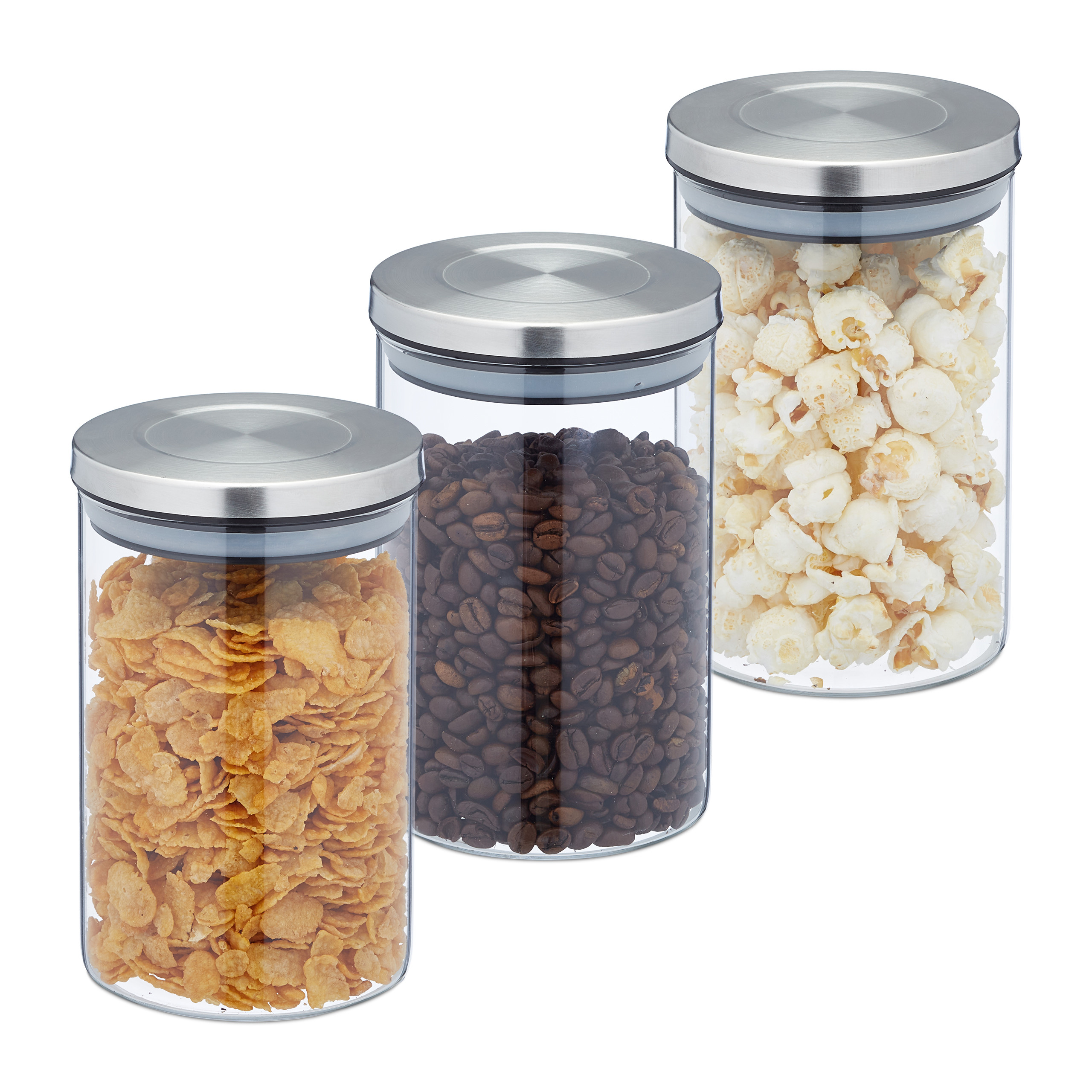 Relaxdays Botes Cristal 800 ml, Set 3, Recipientes Cocina, Tapa Acero ...