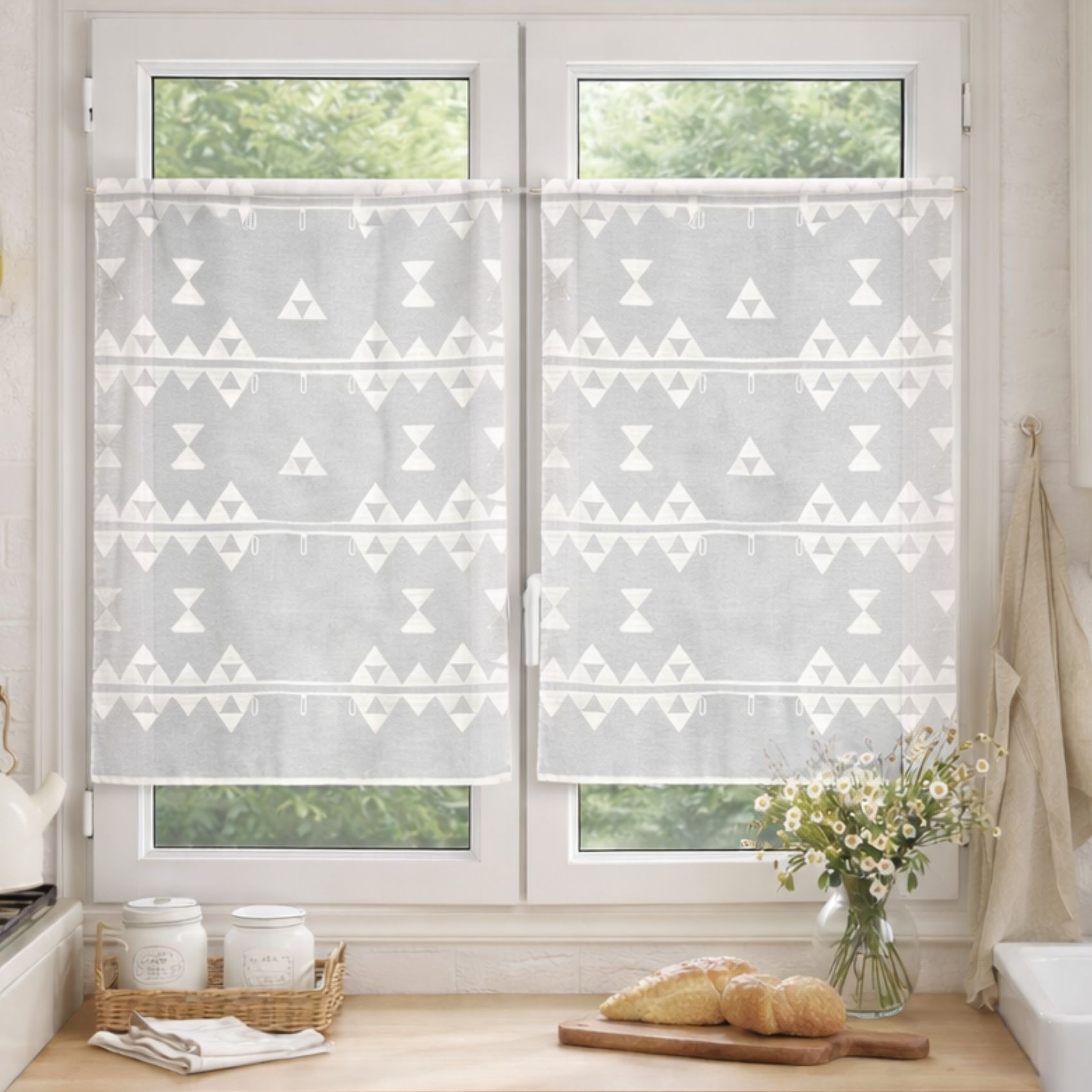 Petit voilage de fenêtre broderie triangle - Blanc - 70x120 cm ...