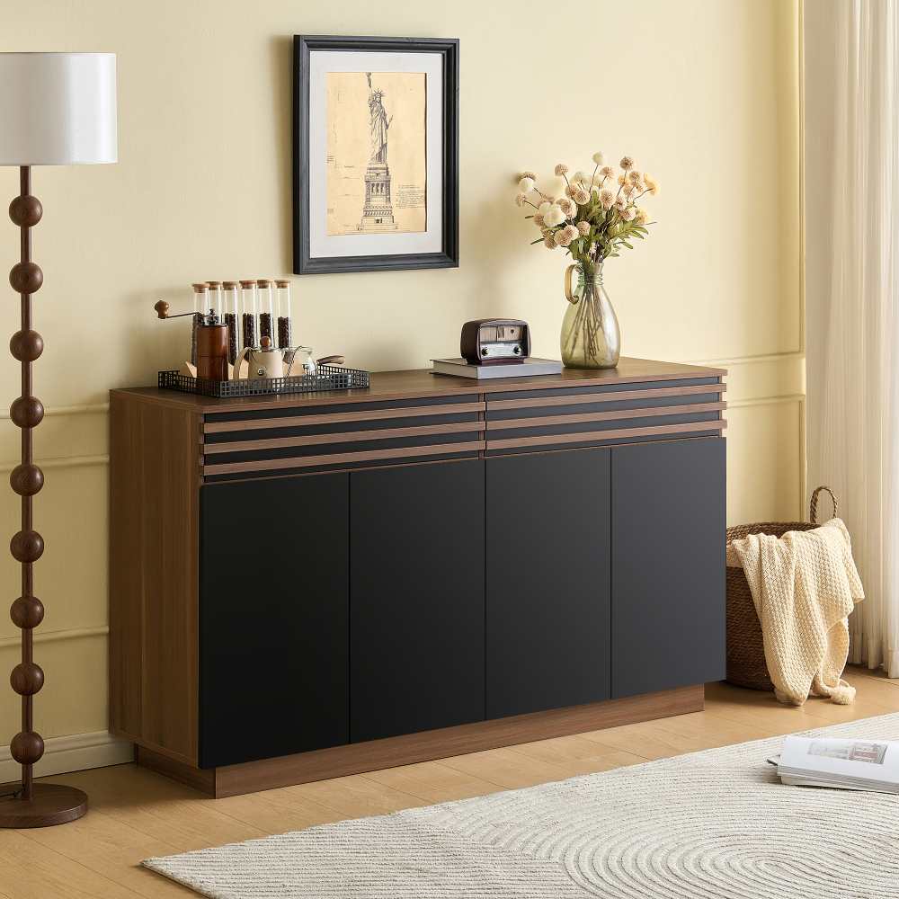 Aparador Moderno 150x40x85 cm – Madera Nogal Negro, 2 Cajones 4 Puertas ...