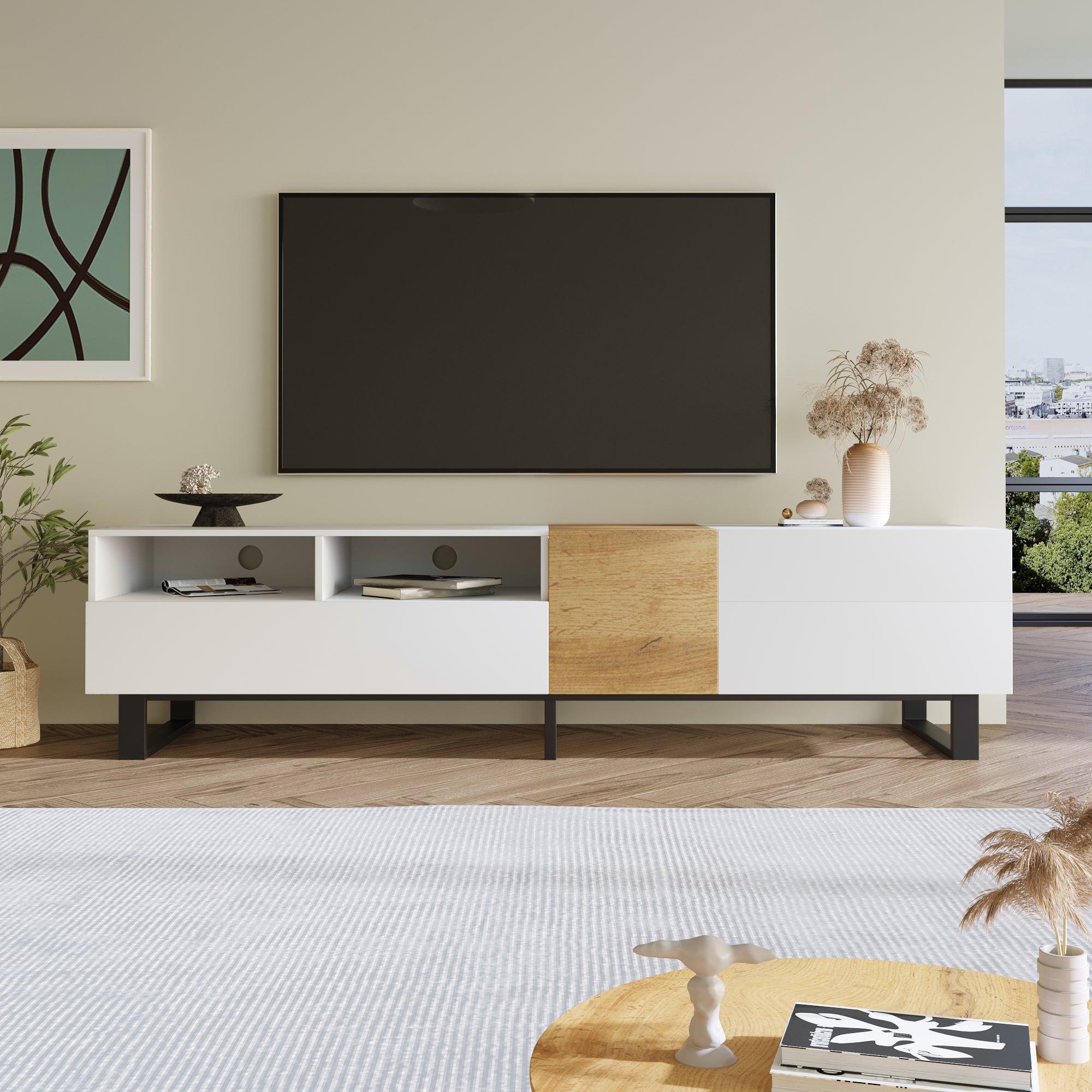 Meuble TV 180 x 50 x 38 cm – Design minimaliste, finition bois et blanc ...