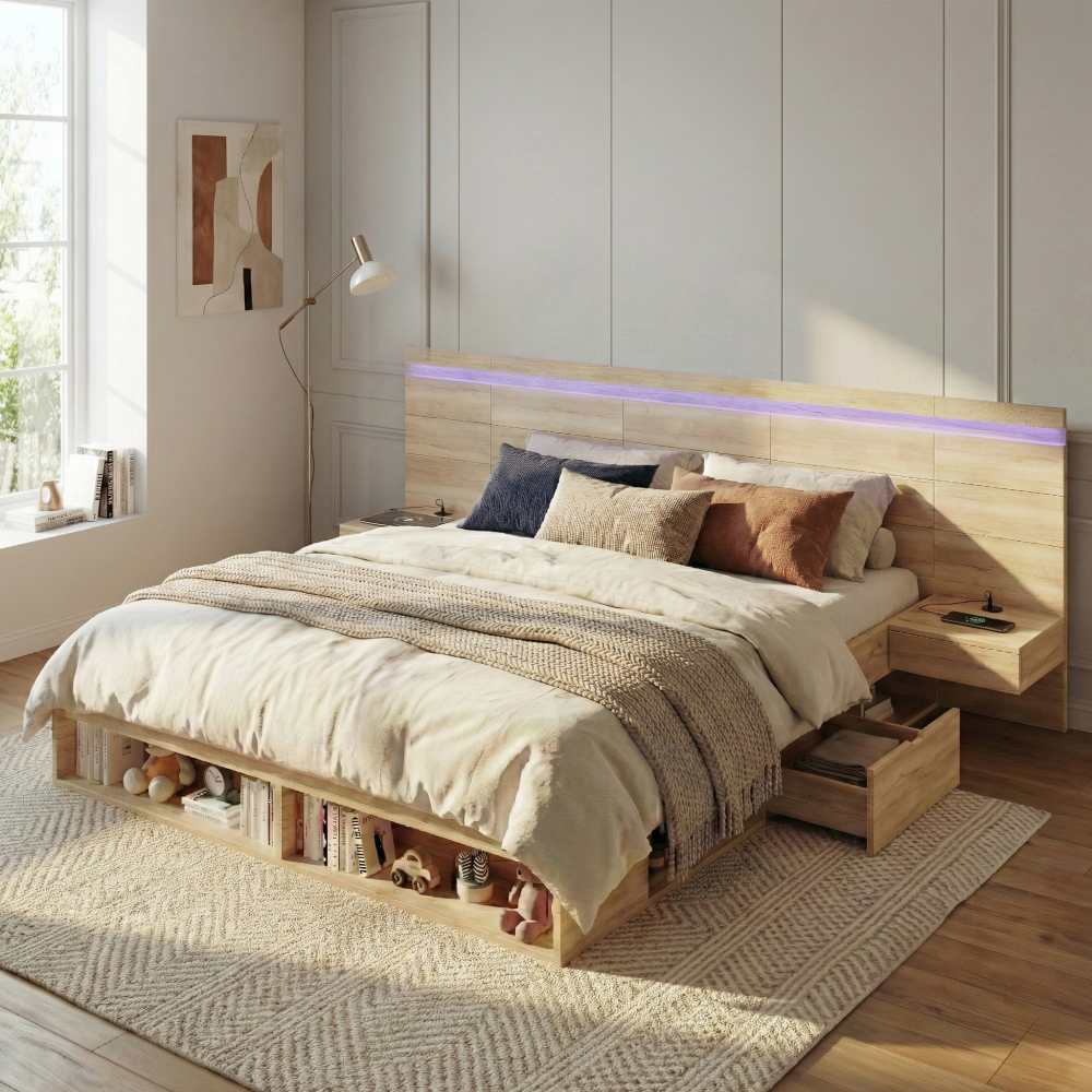Cama Matrimonial 180×200 con Almacenaje, 2 Mesillas, USB, LED ...