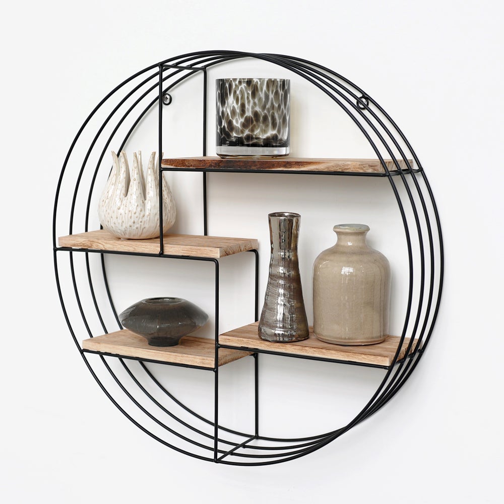Etagère murale en métal noir - 4 planches en bois - Ronde - 50x11 cm ...