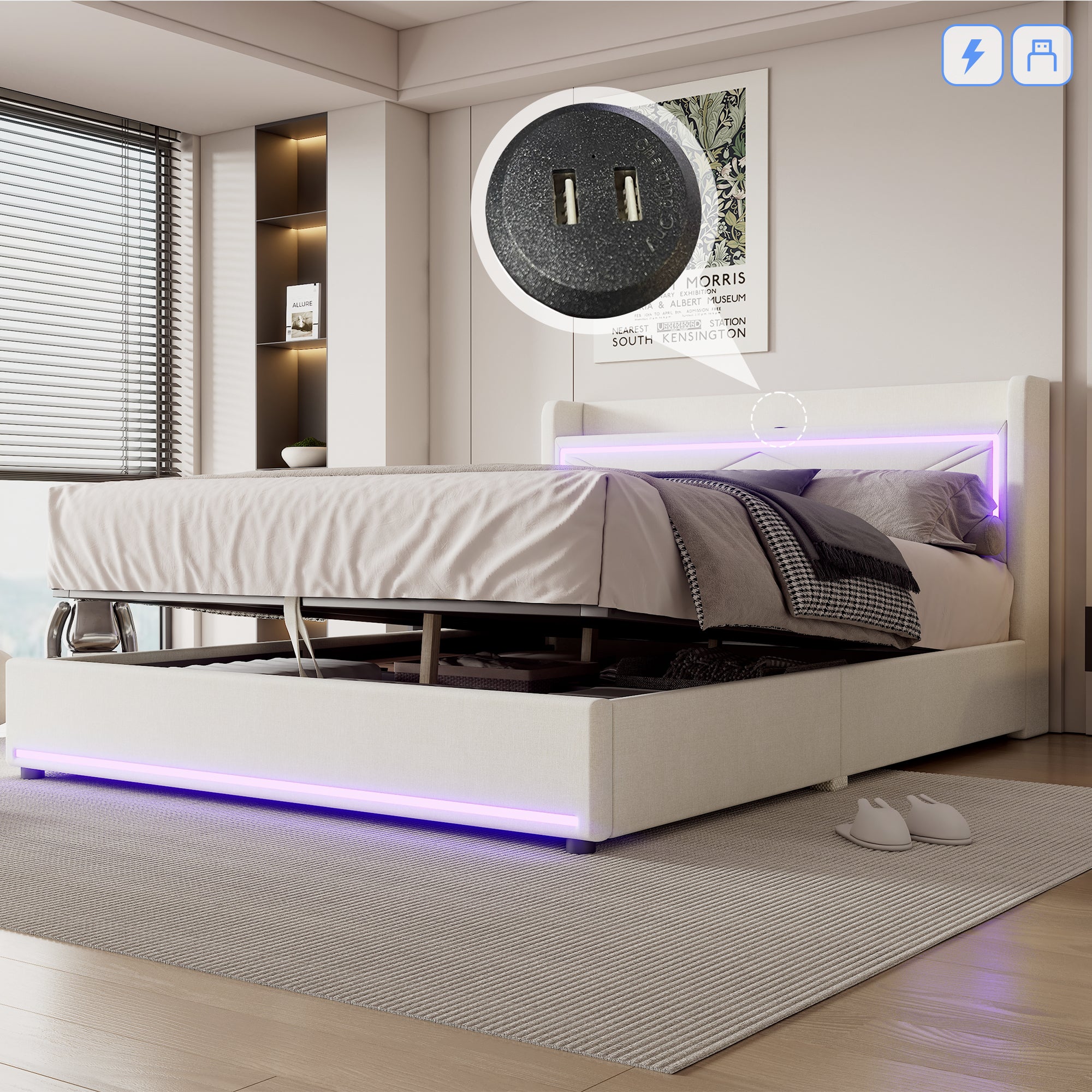 Letto contenitore 160 x 200 cm con testiera - LED e porta USB - Tessuto ...