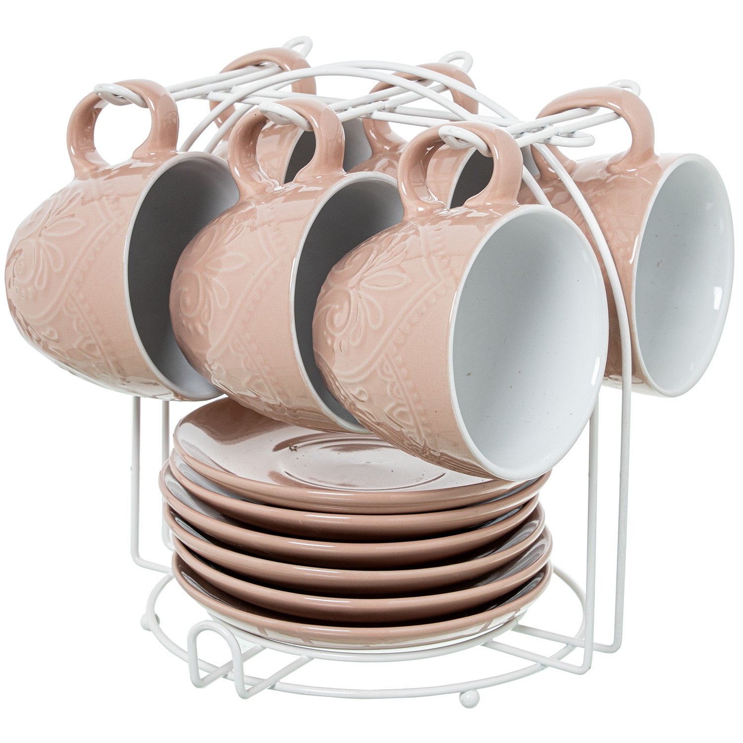 SET 6 TAZAS TÉ C/PLATO CERÁMICA COLOR ROSA C/SOPORTE METAL- Envio ...