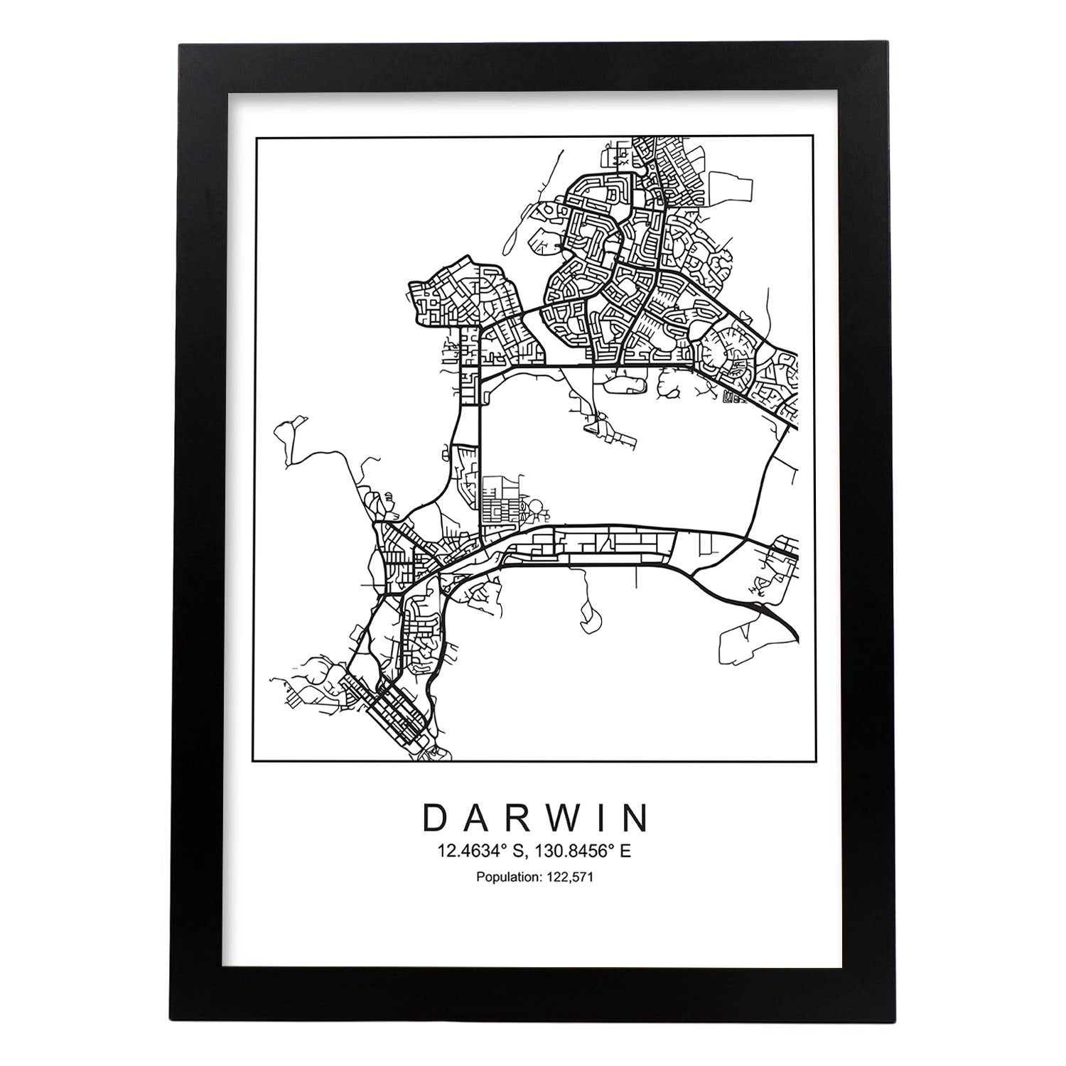 Darwin City Map Sheet Nordic Style En Noir Et Blanc. Sans Cadre A3 ...