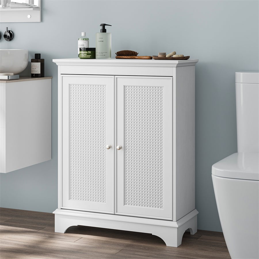 Armoire de Salle de Bain Blanche avec Porte en Rattan, Étagères ...