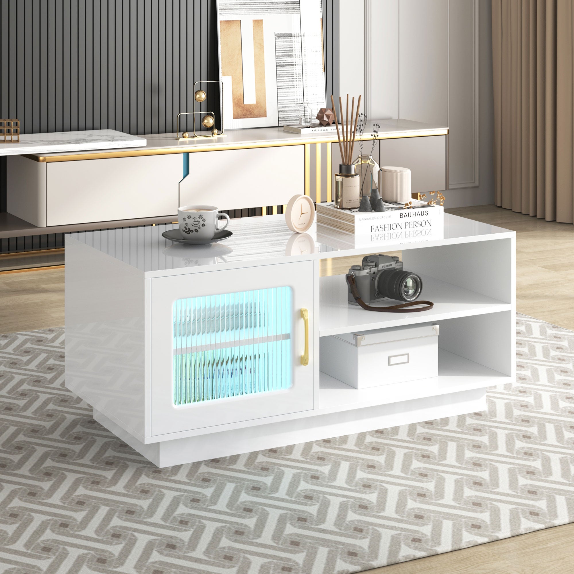 Table basse brillante, éclairage LED contrôlé Table de salon avec porte ...