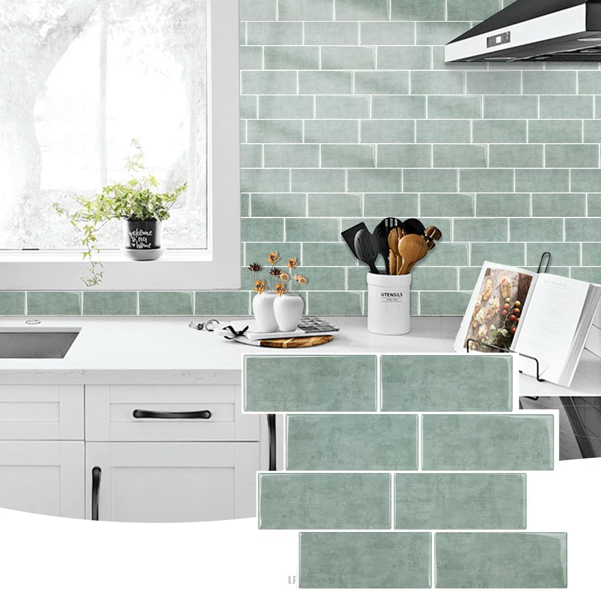 Crédence Carrelage 3D Vert Clair - Lot de 10 Plaques Muraux Adhésives ...