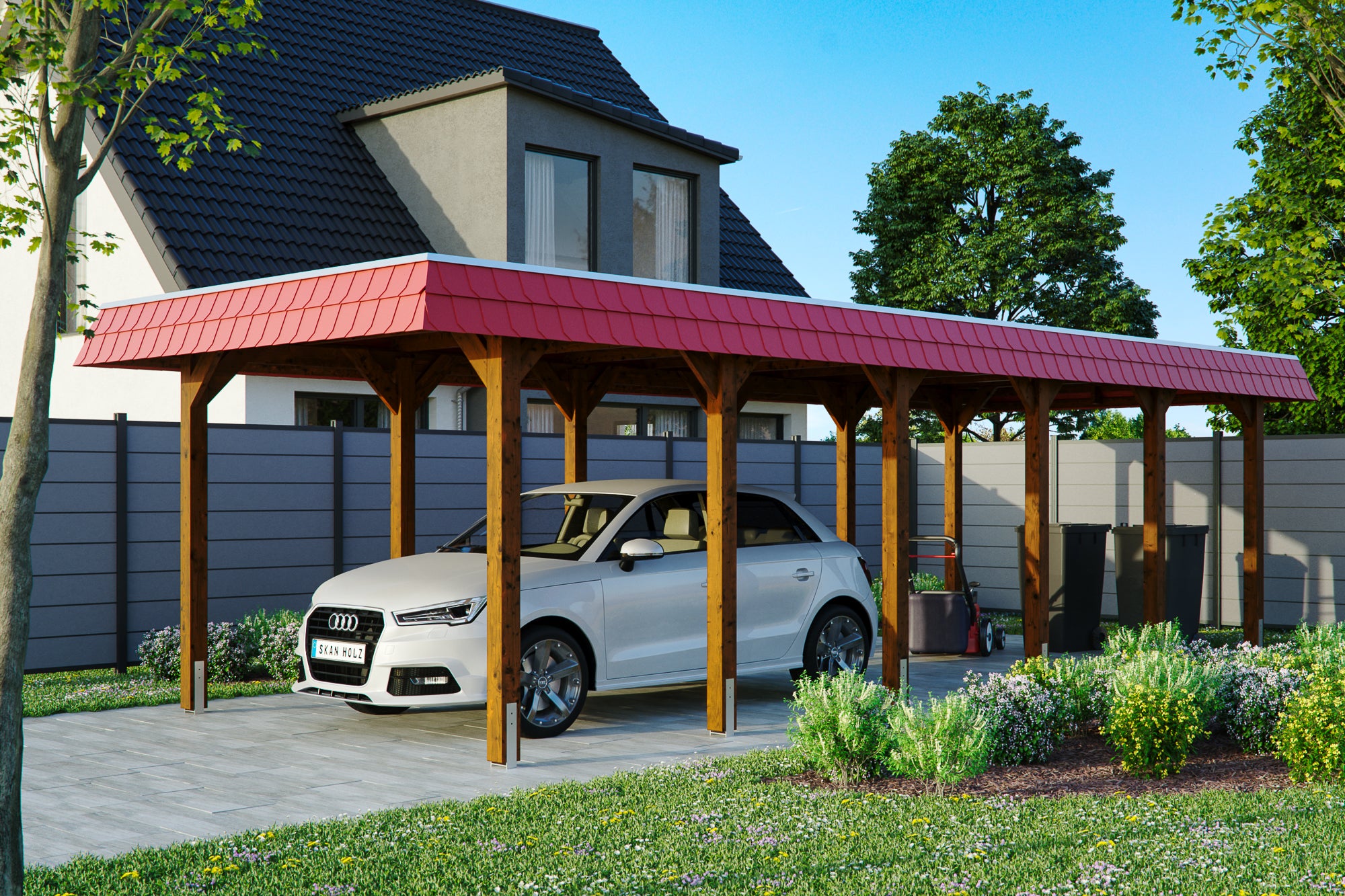 Carport bois SKAN HOLZ Spreewald 345x893cm, toit en aluminium, bandeau rouge, bois résineux ...