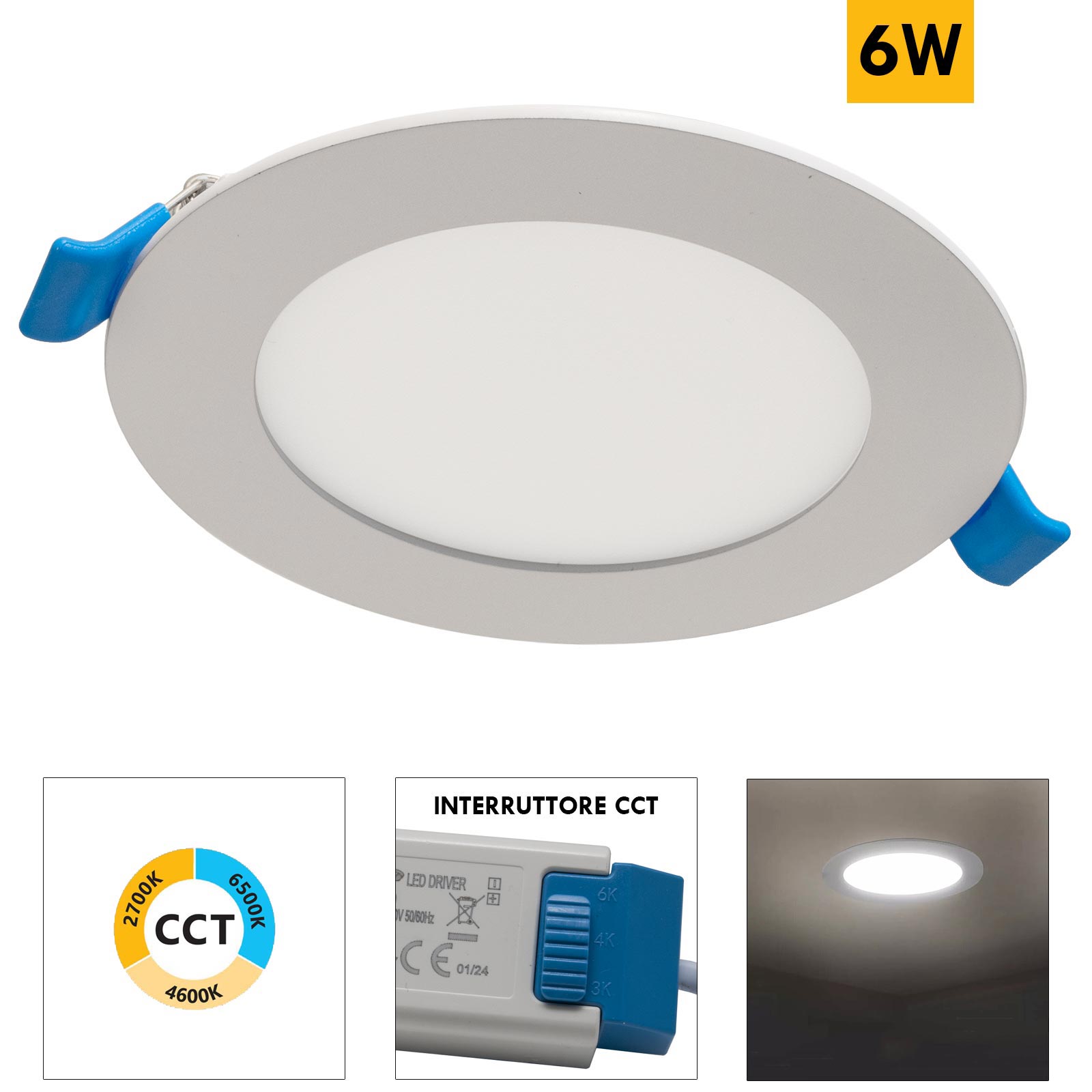 Spot rond encastrable LED 6W, panneau mince, interrupteur CCT de 3000K ...