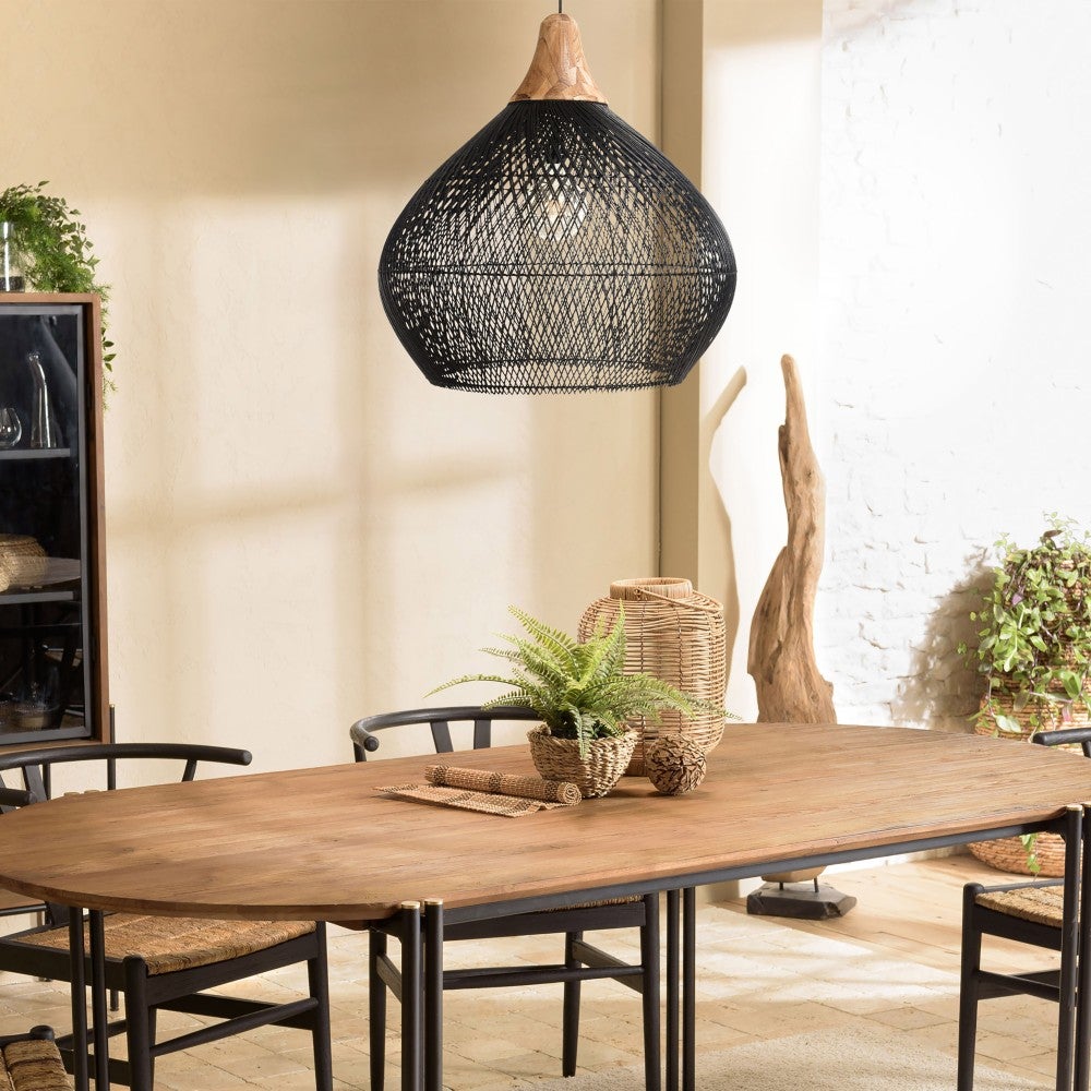 SIXTINE - Suspension 'cloche' 68x68cm en rotin noire et bois de teck ...
