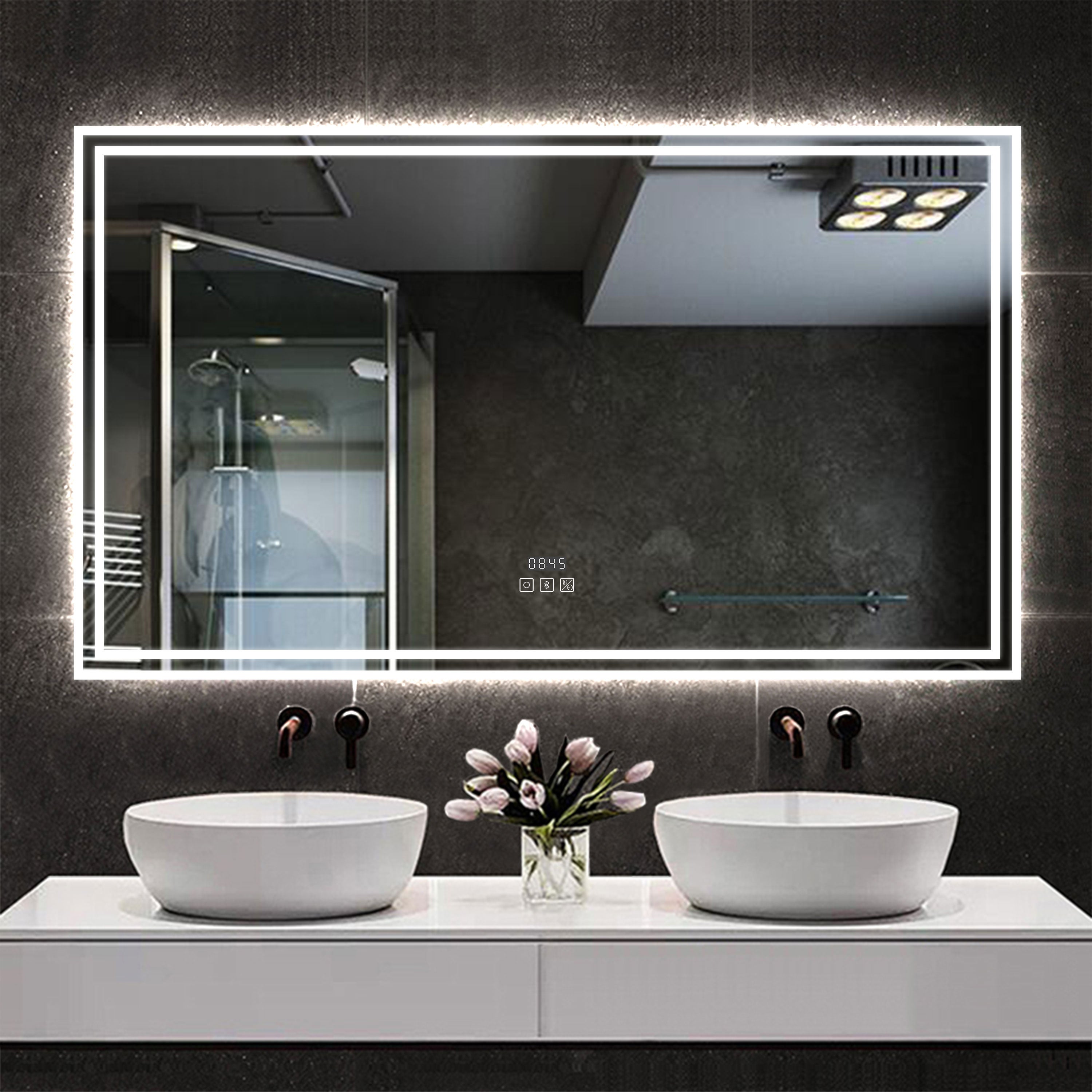 Specchio da bagno Aica LED 160 x 80 cm, Orologio, Bluetooth, luminosità regolabile tricolore ...