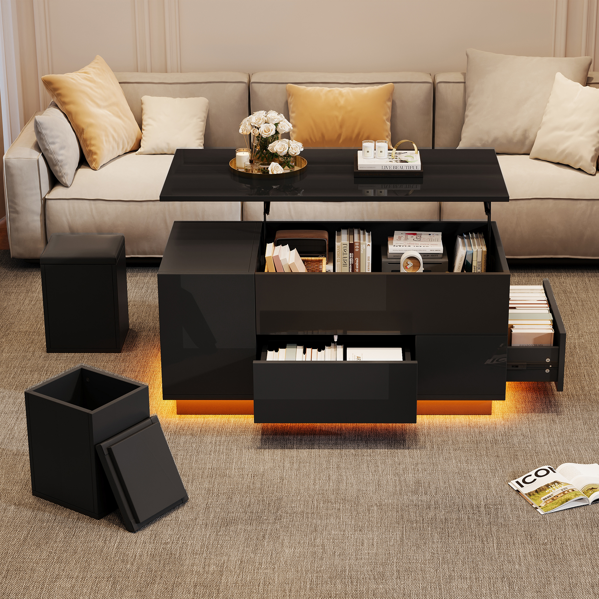 Table Basse 4 en 1 100x50 cm Réglable Hauteur avec LED, 2 Tiroirs ...