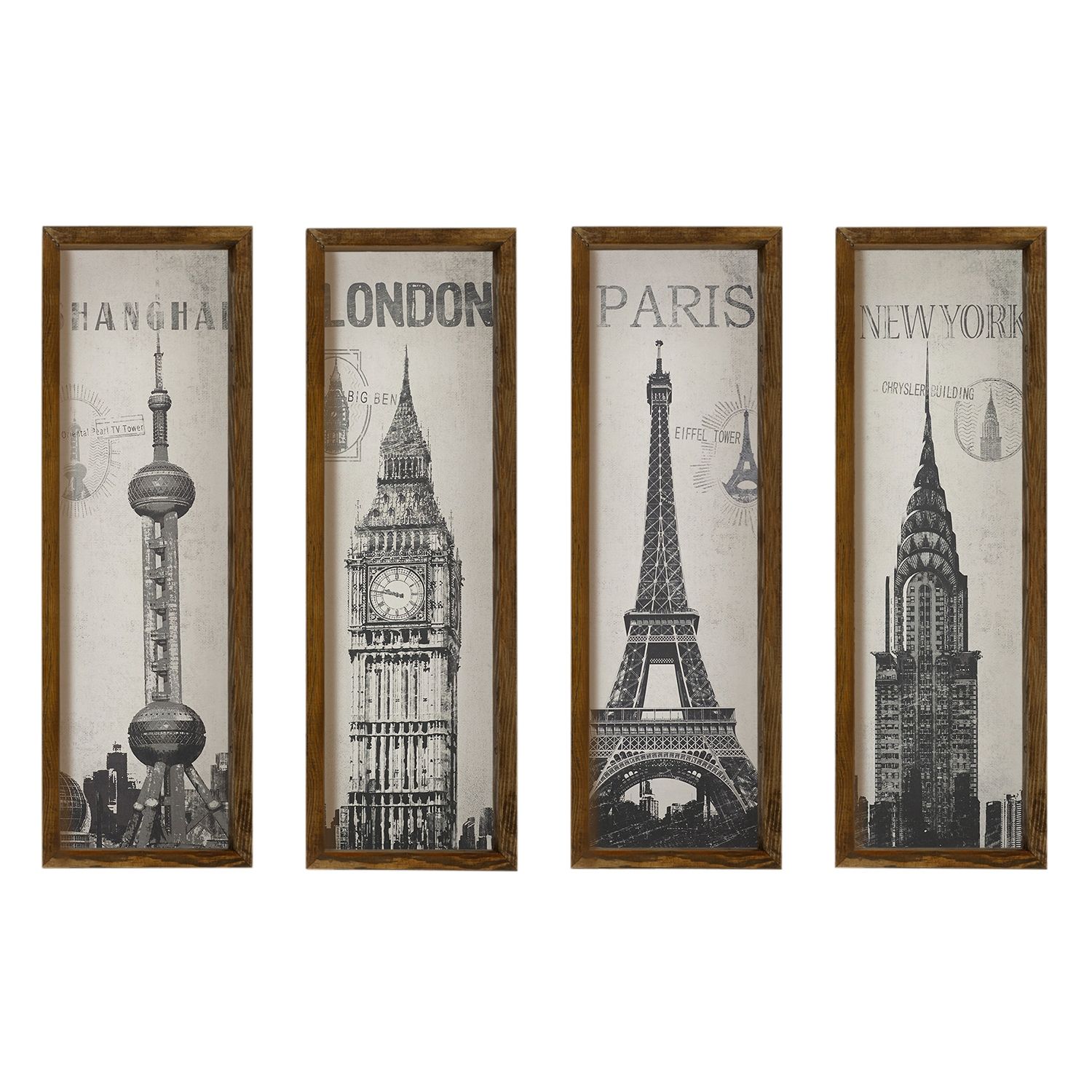 Lot de 4 tableaux Alchos 19x70cm Bois massif Naturel et Motif Monument ...