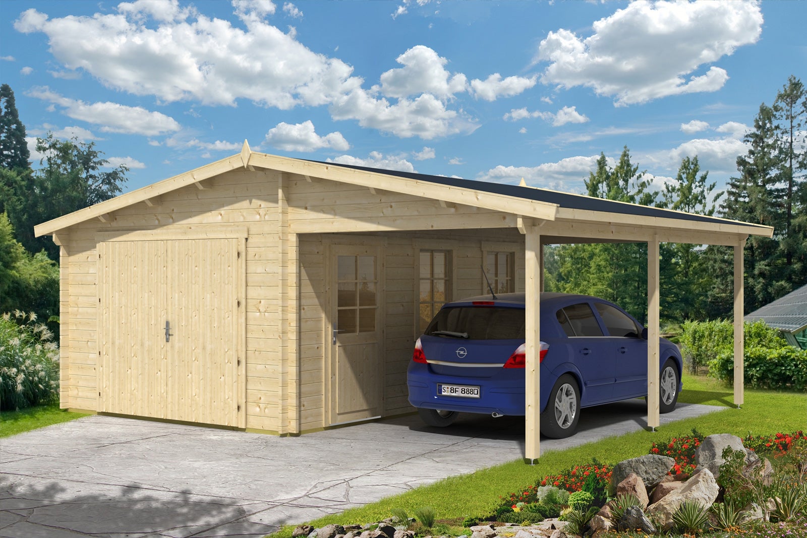 Garage individuel en bois avec carport 44 ISO Alpholz, 6.9x5.8m dim ...