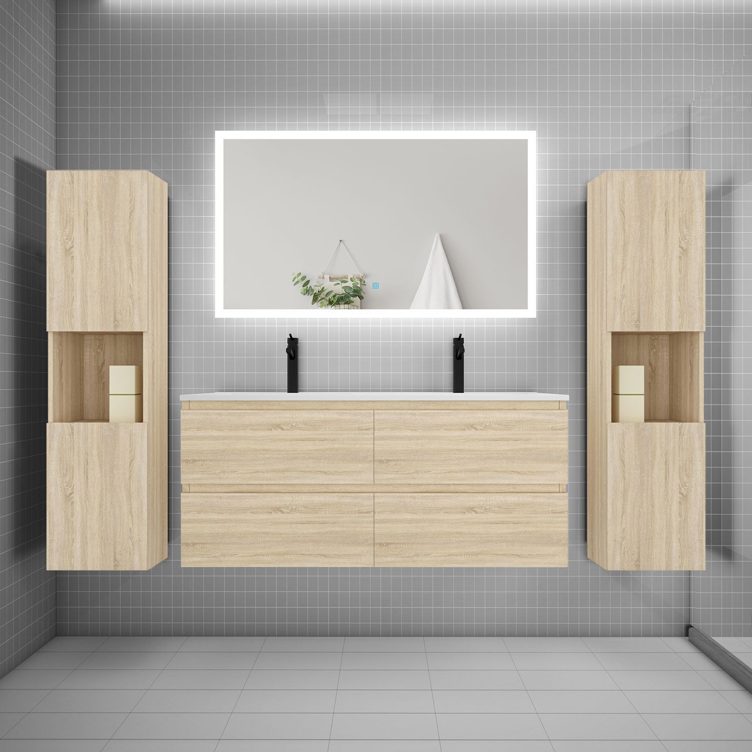 Ensemble meuble de salle de bains 120cm, double vasque + colonne + LED ...