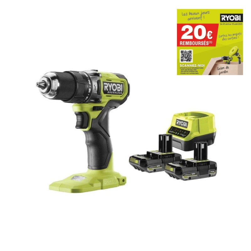 Perceuse à percussion Brushless 18V RYOBI - 54 Nm - 2 Batteries 2,0Ah - Chargeur - RPD18BL1 ...