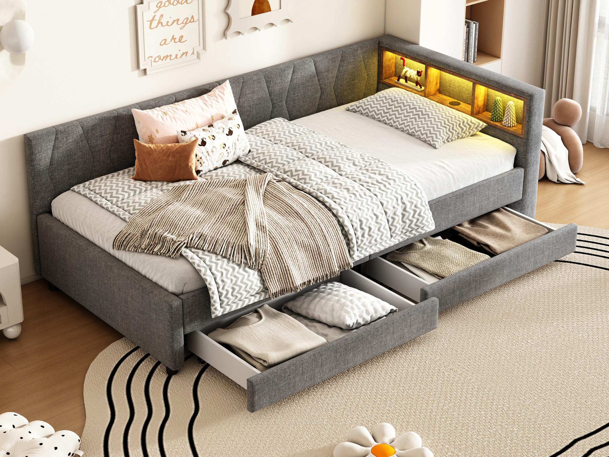 Lit simple avec LED 90x200cm - avec 2 tiroirs et ports de cahrge ...