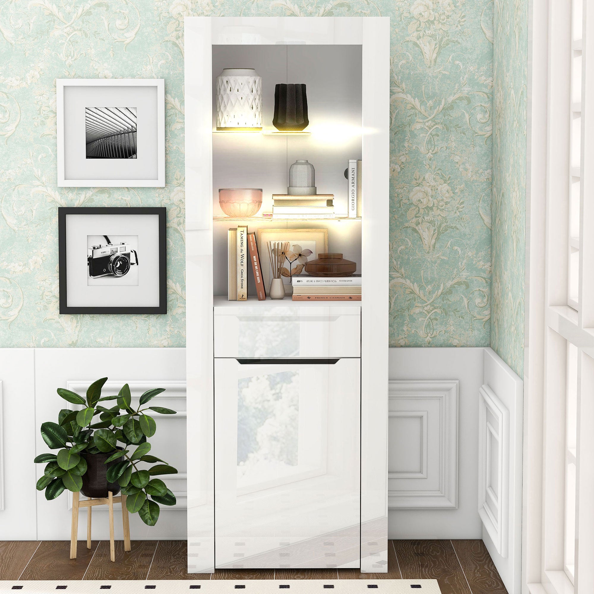 Vitrine moderne avec 1 porte et 1 tiroir - LEDs - 3 étagères - hauteur ...