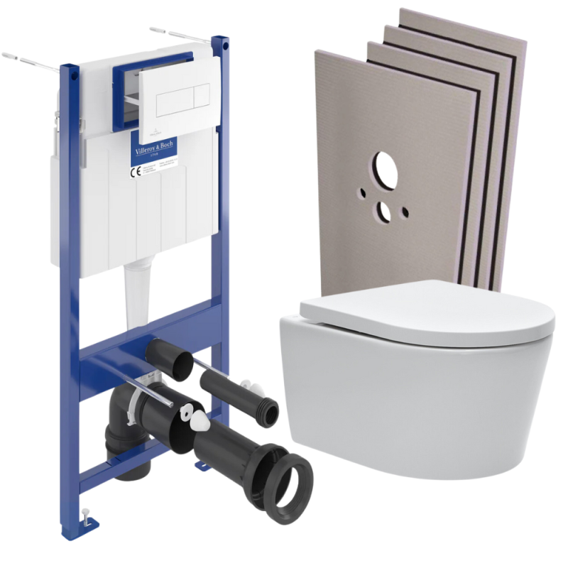 Pack WC bâti-support Villeroy & Boch + WC SAT sans bride + Abattant softclose + Plaque blanche ...