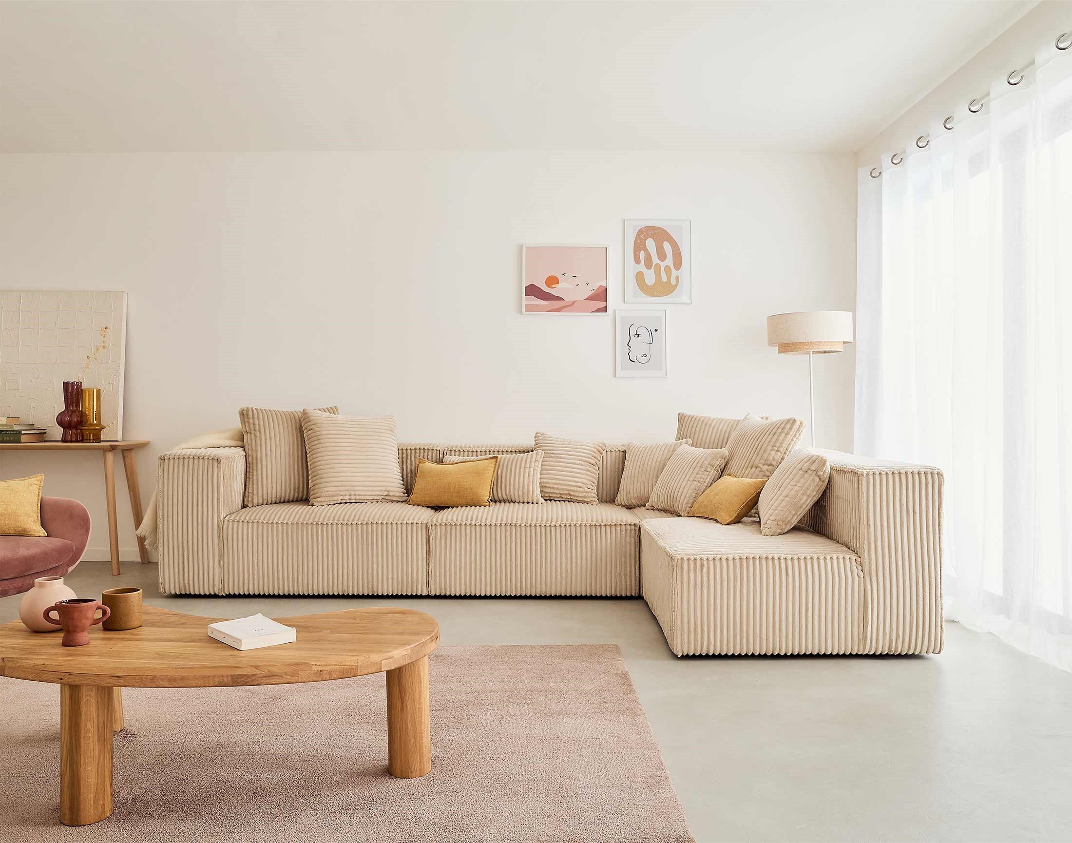 Canapé modulable 5 places angle droit en velours grosses côtes beige ...