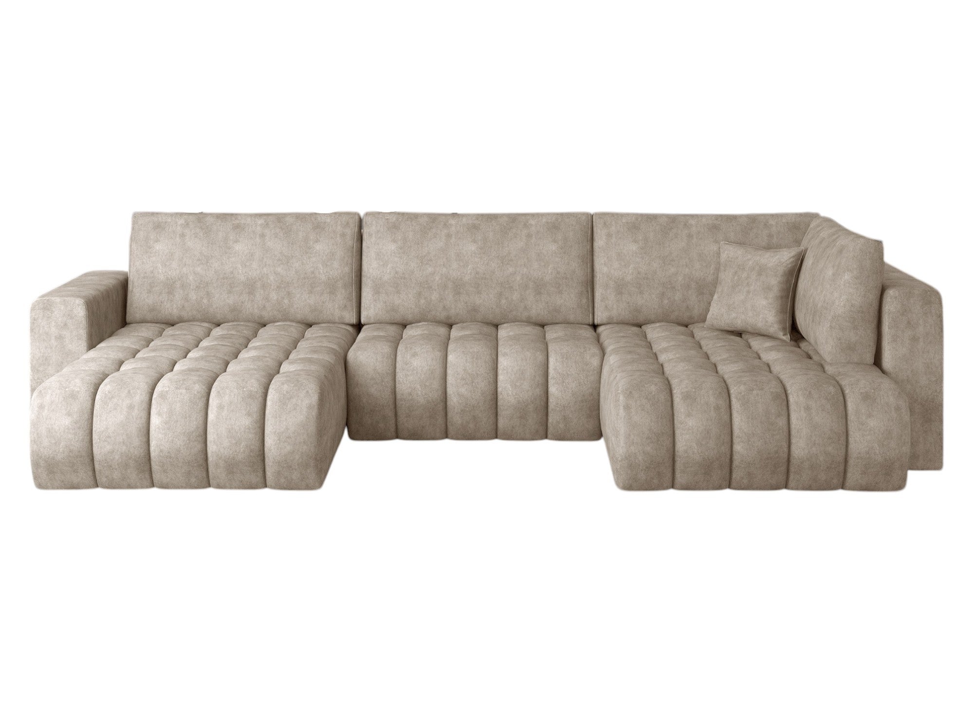 Canapé panoramique convertible design capitonné tissu effet cuir beige ...
