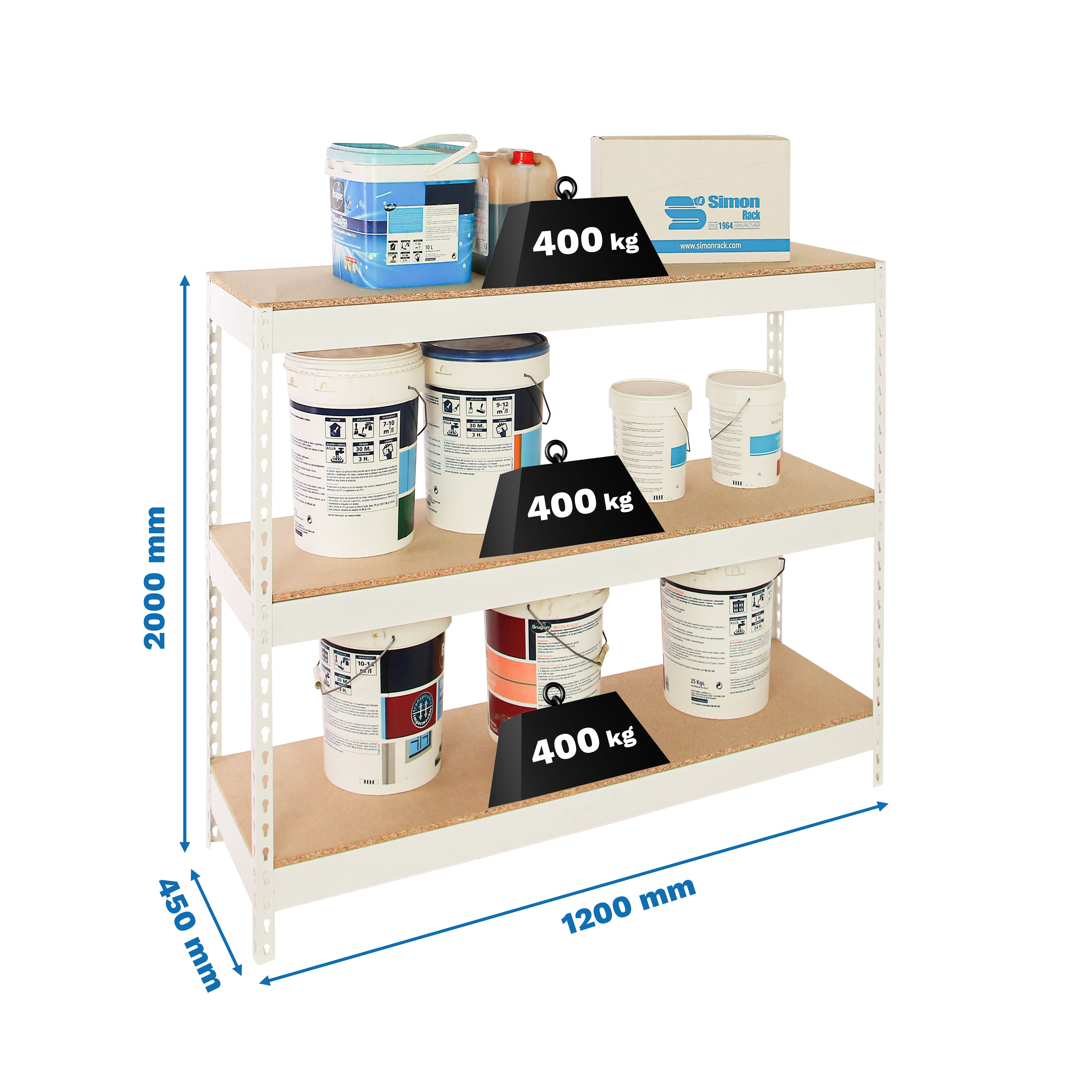 SimonRack Rayonnage Industriel 2000x1200x450, 3 Niveaux en Bois, 400 kg ...