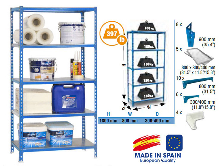 Simon Rack - Etagère de rangement Simonclick 1800x800x400mm Bleu galva Charge 180Kg - MINI 400 ...