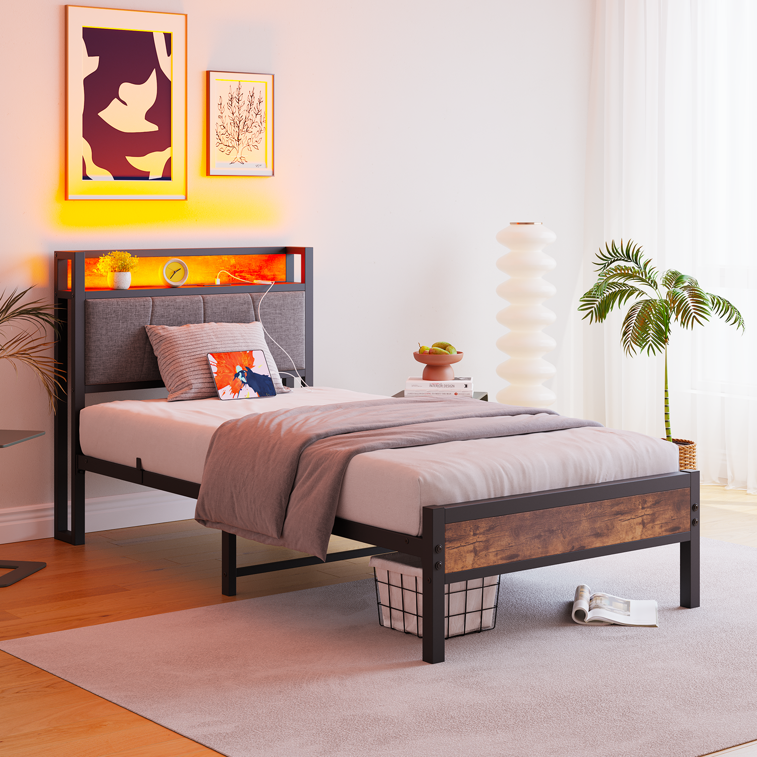 Cama infantil 90x200 cm, cama individual con LED y USB, Metal + MDF ...