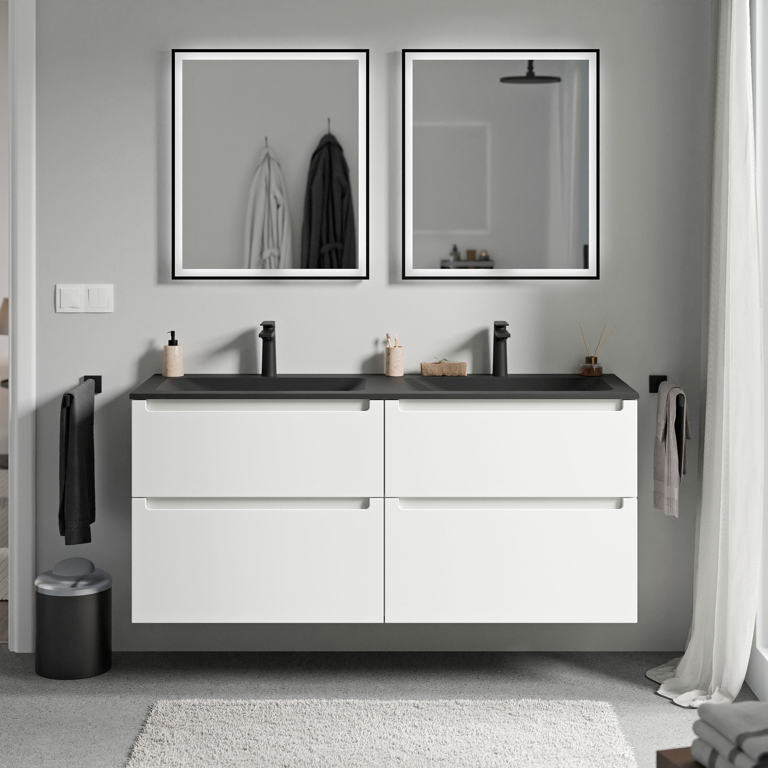 BERNSTEIN - Mueble lavabo doble suspendido MDF blanco mate, lavabos ...