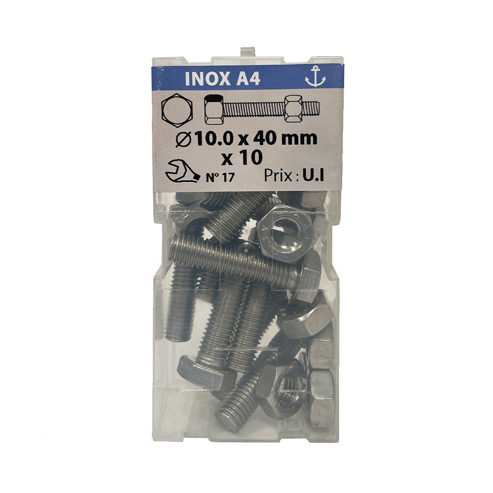 Boite 10 vis 10 x 40mm têtes hexagonale + écrou inox A4 - Vissal ...