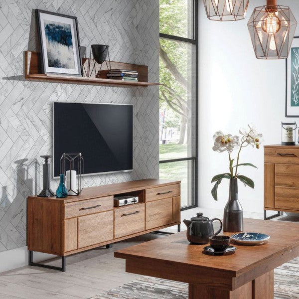 Meuble TV 2 portes 1 tiroir Chêne foncé - VARSOVIE - L 150.5 x l 40 x H ...