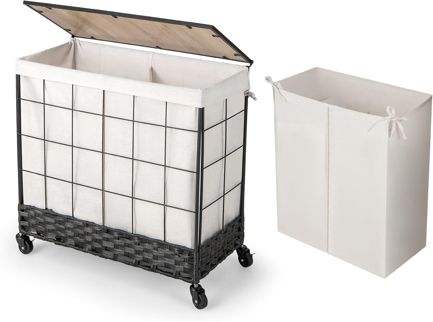 Panier à Linge 2 Compartiment avec Couvercle en Bois, 130 L, Corbeille ...