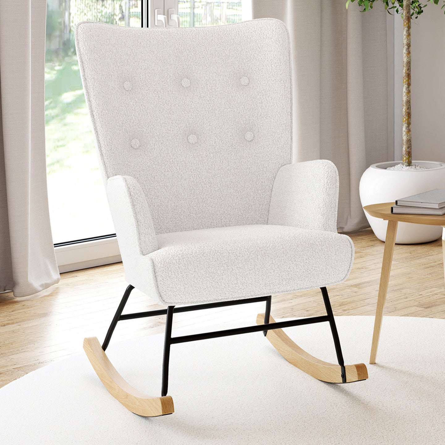 Fauteuil scandinave IVAR en tissu à bascule bouclette blanc | Leroy Merlin