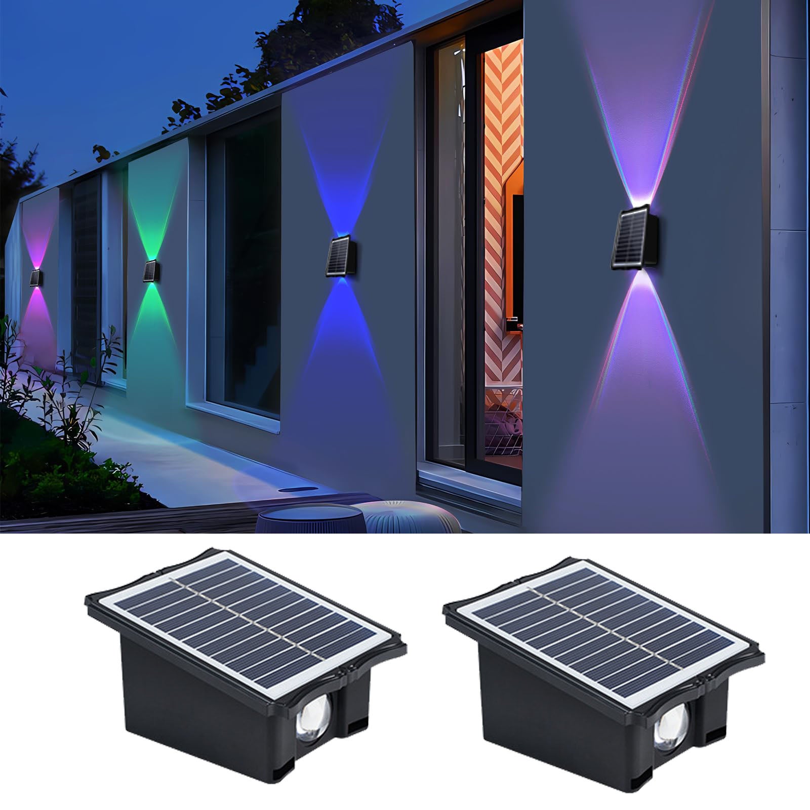 2 luces LED solares de pared multicolor, luz solar para exteriores ...