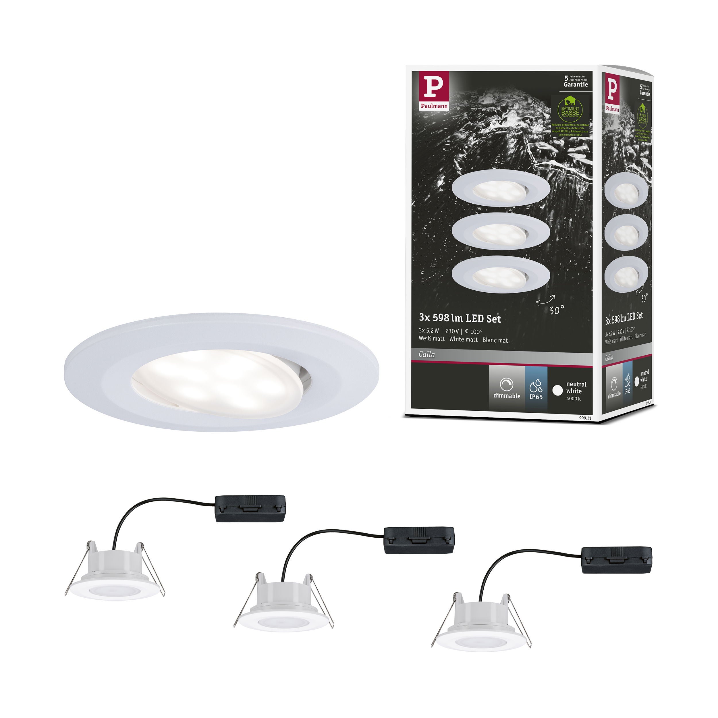 Spot encastré LED Calla Kit de base orientable IP65 rond 90mm 30° 3x5 ...