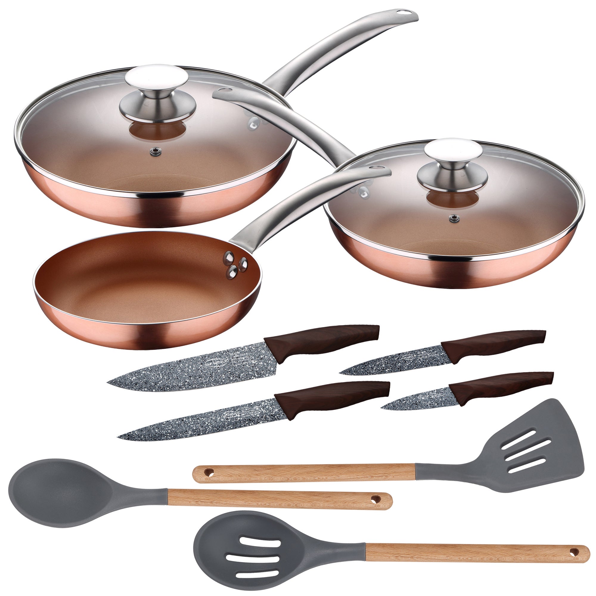 Set 5pc sartenes (con tapa) aluminio prensado inducción con Set 3pc ...