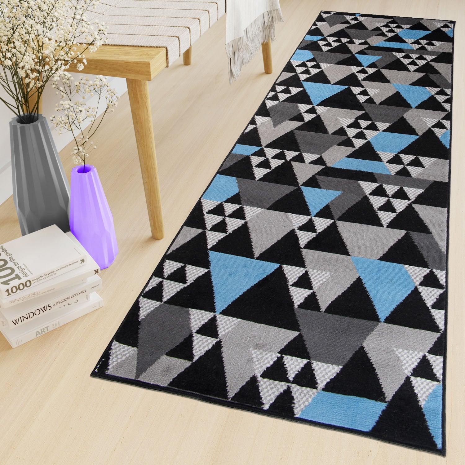 TAPISO Maya Tapis de Couloir Entrée Moderne Bleu Gris Noir Triangles ...